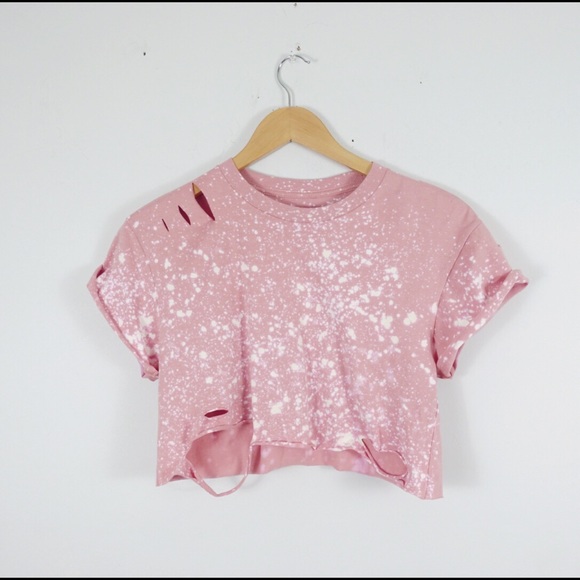 Tops | Pink Bleached Distressed Crop Top Tee S3x | Poshmark